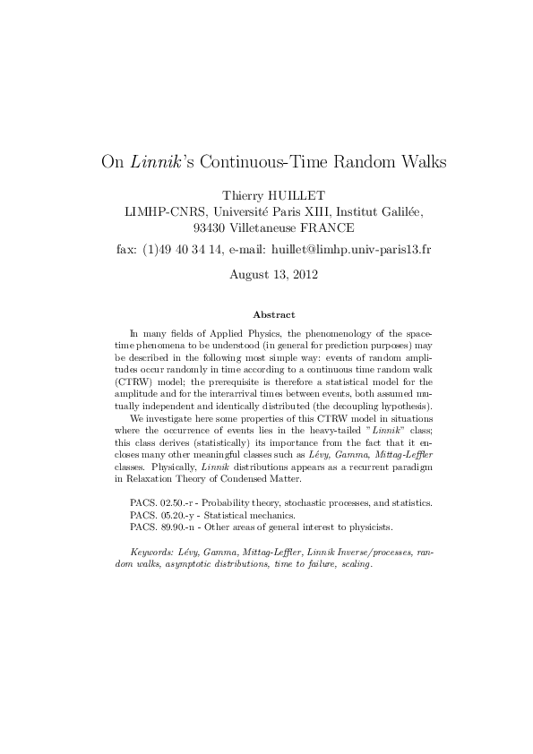 (PDF) On Linnik's continuous-time random walks | Thierry Huillet - Academia.edu