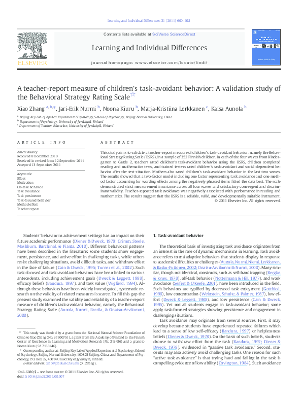 (PDF) A teacher-report measure of children's task-avoidant behavior: A ...