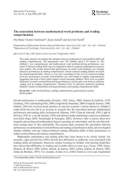 (PDF) The association between mathematical word problems and reading ...