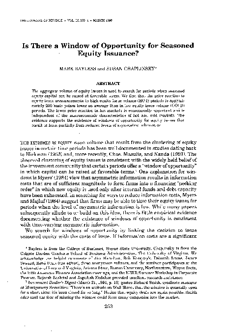 (PDF) Is There a Window of Opportunity for Seasoned Equity Issuance?