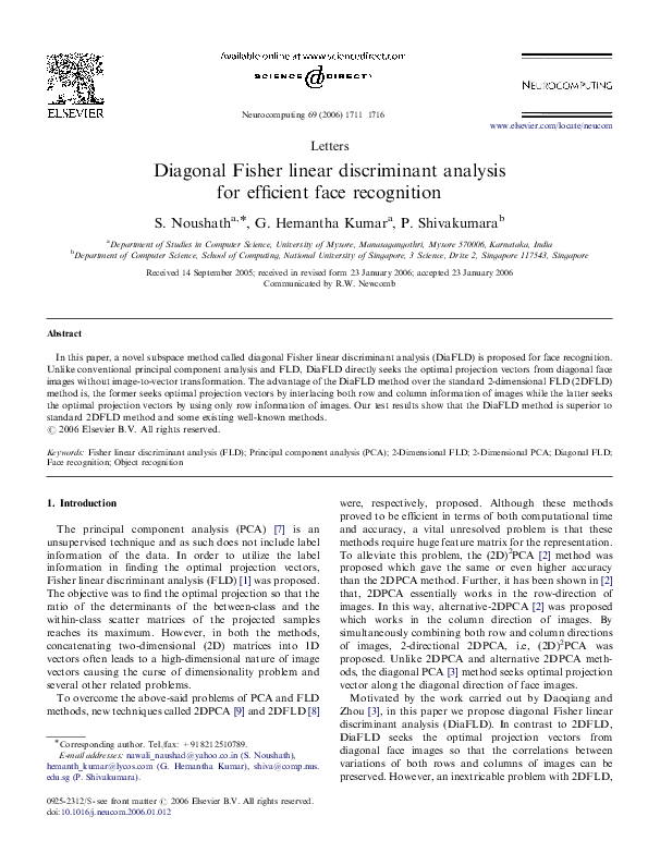 (PDF) Diagonal Fisher linear discriminant analysis for efficient face recognition
