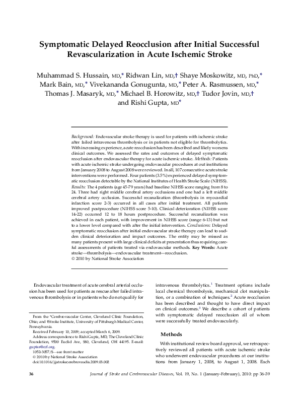 (PDF) Symptomatic Delayed Reocclusion after Initial Successful ...