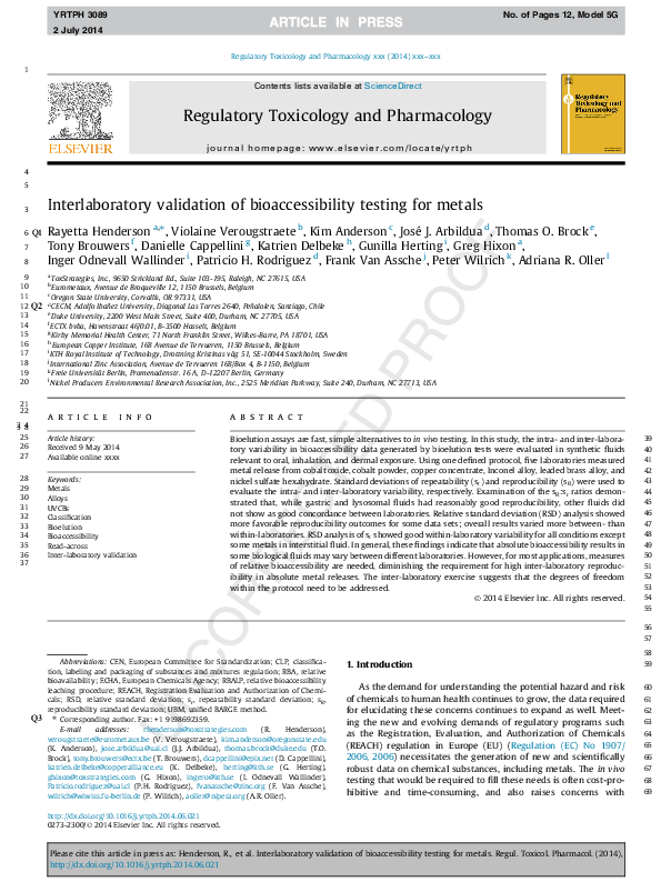 Pdf Inter Laboratory Validation Of Bioaccessibility Testing For Metals