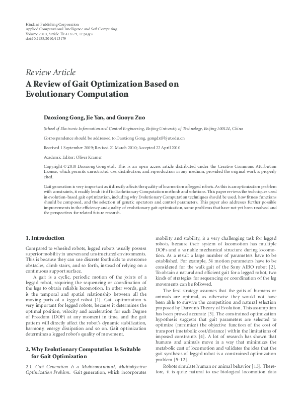 Pdf A Review Of Gait Optimization Based On Evolutionary Computation