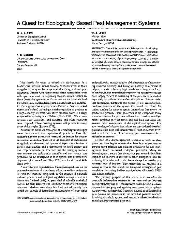(PDF) A Quest for Ecologically Based Pest Management Systems