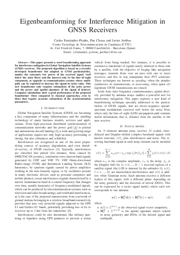 (PDF) Eigenbeamforming for interference mitigation in GNSS receivers