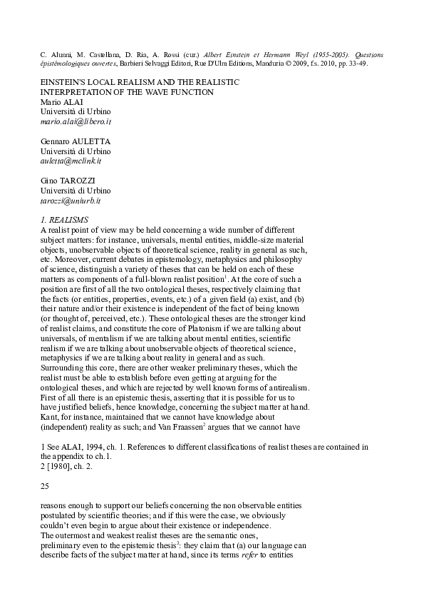 (DOC) Einstein's Local Realism and the Realistic Interpretation of the ...