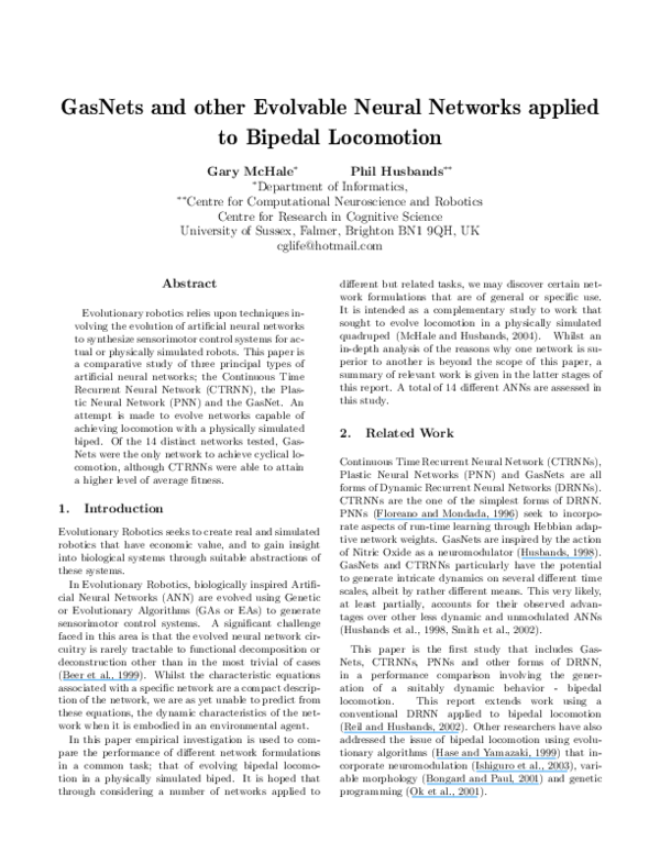 (PDF) GasNets and other Evolvable Neural Networks applied to Bipedal Locomotion