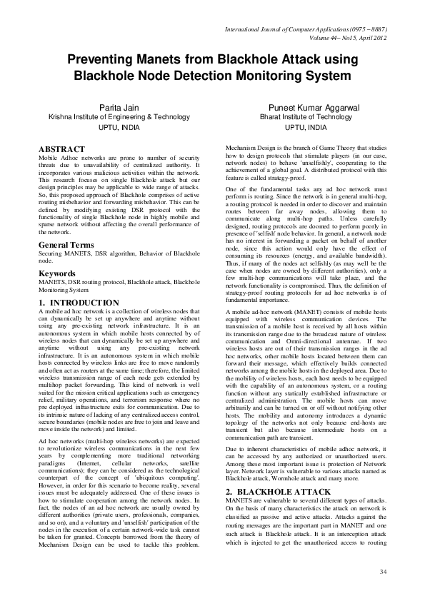 Pdf Preventing Manets From Blackhole Attack Using Blackhole Node Detection Monitoring System