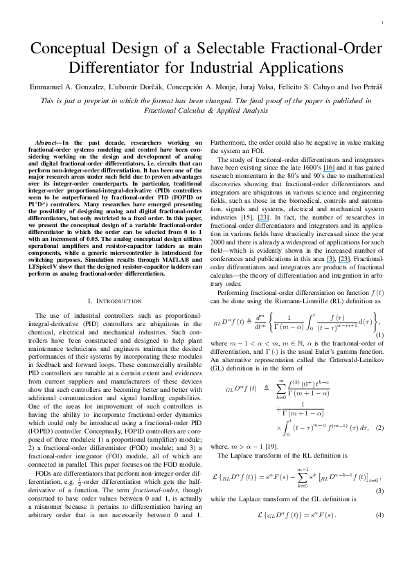 Pdf Conceptual Design Of A Selectable Fractional Order Differentiator For Industrial Applications