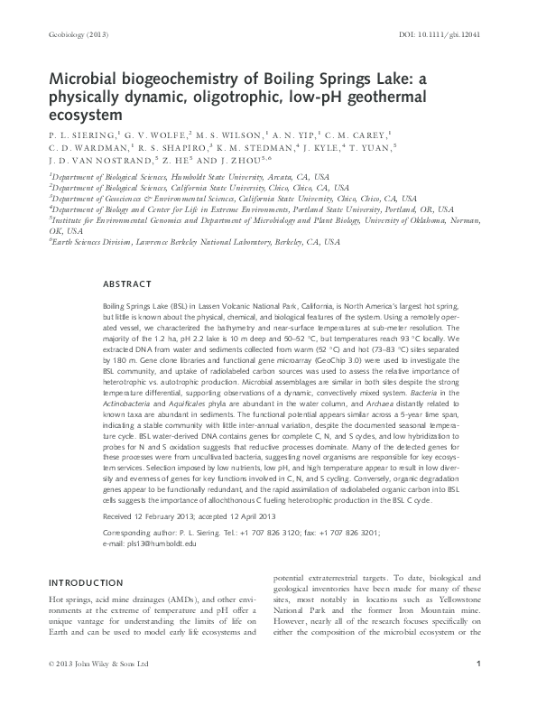 (PDF) Microbial biogeochemistry of Boiling Springs Lake: a physically ...