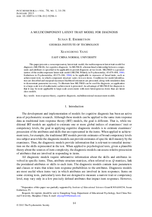(PDF) A Multicomponent Latent Trait Model for Diagnosis