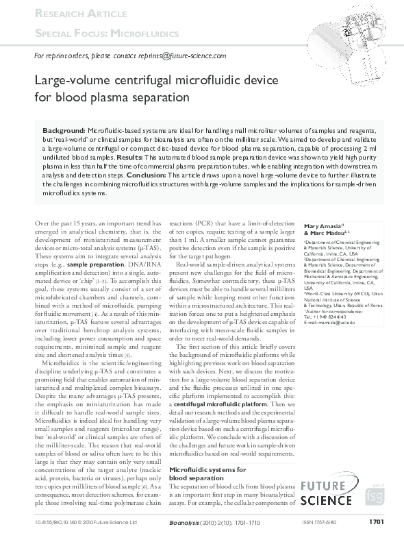 (PDF) Large-volume centrifugal microfluidic device for blood plasma ...