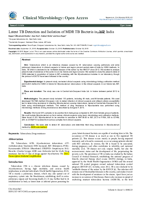 (PDF) Latent TB Detection and Isolation of MDR TB Bacteria in, MP, India.
