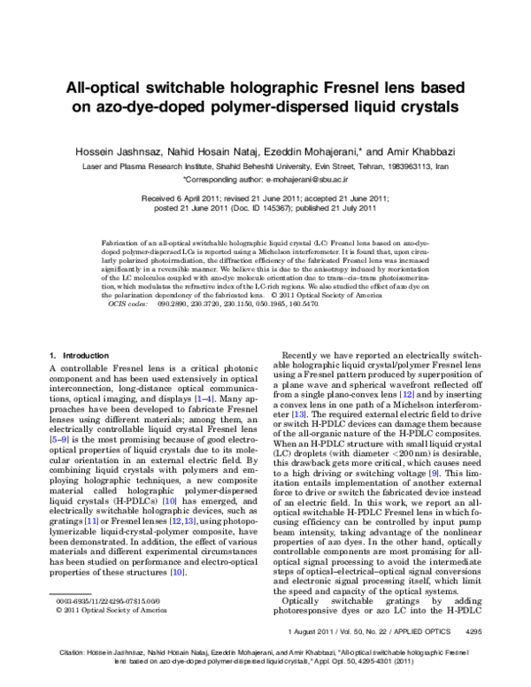(PDF) All-optical switchable holographic Fresnel lens based on azo-dye ...