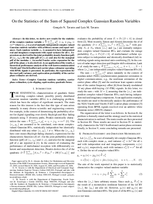 (PDF) On the Statistics of the Sum of Squared Complex Gaussian Random Variables