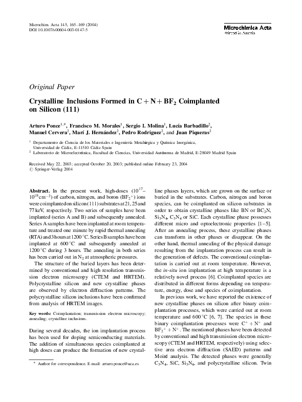 (PDF) Crystalline Inclusions Formed in C+N+BF 2 Coimplanted on Silicon ...