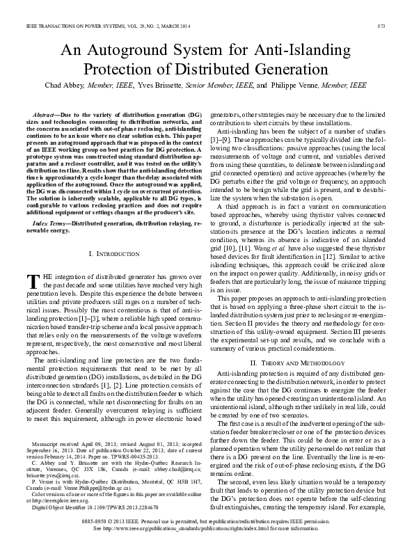 (PDF) An Autoground System for Anti-Islanding Protection of Distributed Generation