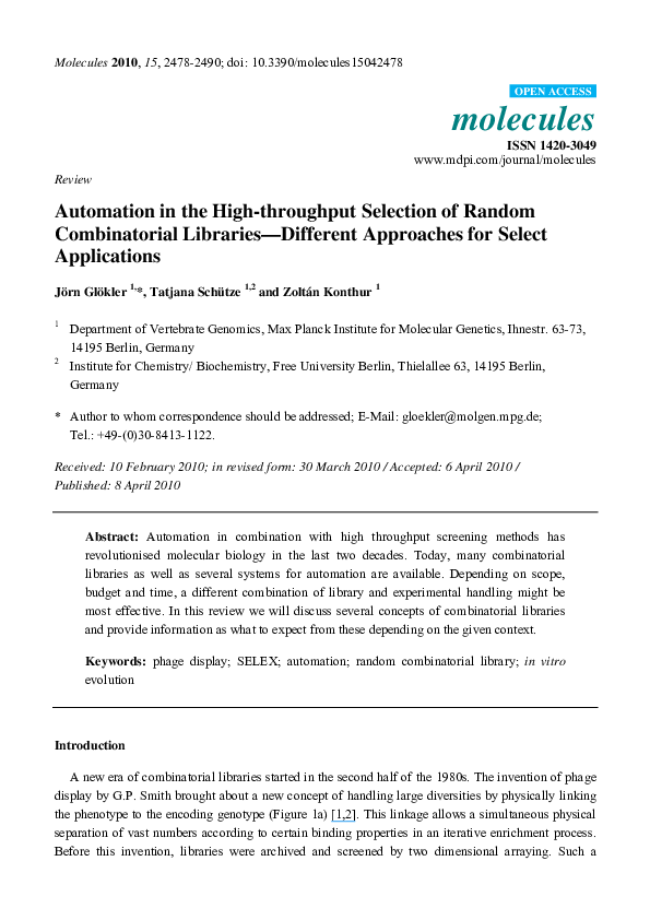 (PDF) Automation in the High-throughput Selection of Random Combinatorial Libraries—Different ...