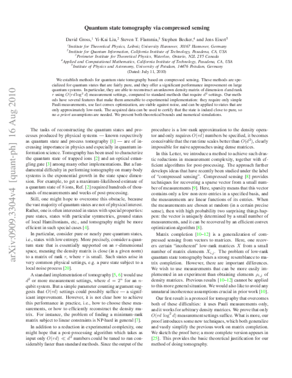 (PDF) Quantum State Tomography via Compressed Sensing