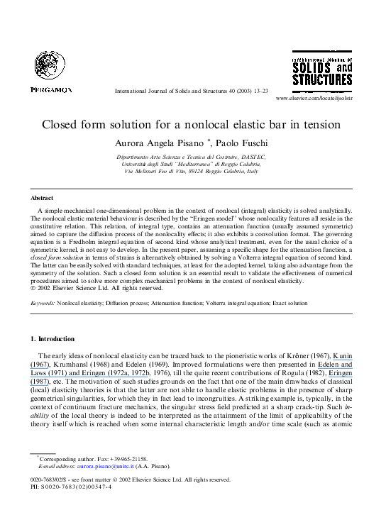 (PDF) Closed form solution for a nonlocal elastic bar in tension