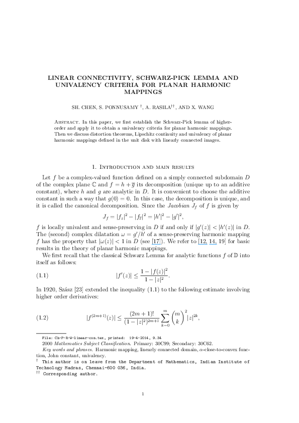 (PDF) Linear connectivity, Schwarz-Pick lemma and univalency criteria ...