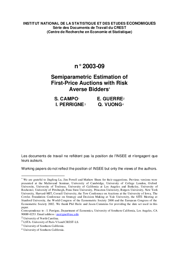 Pdf Semiparametric Estimation Of First Price Auction Models Maria