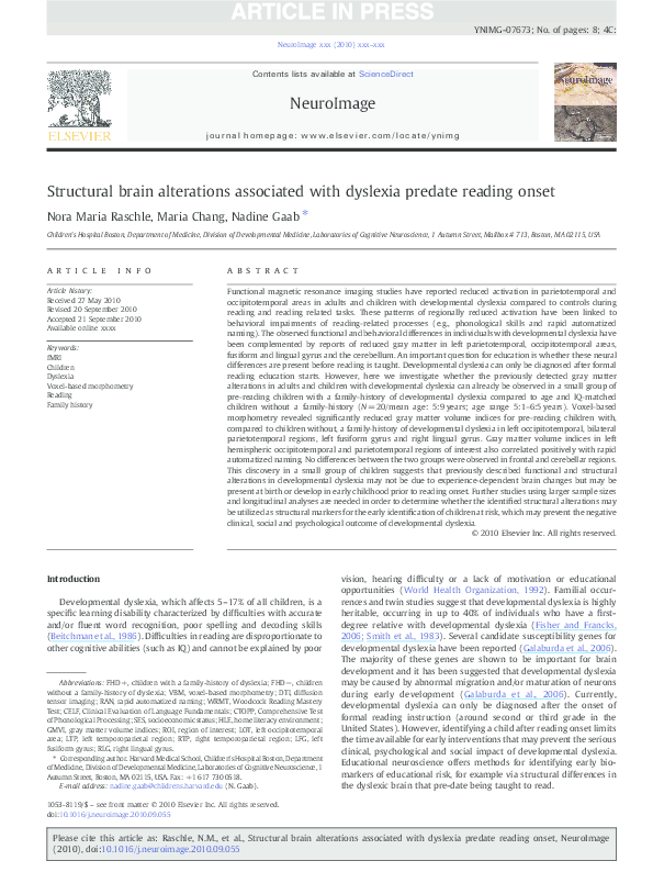 (PDF) Structural brain alterations associated with dyslexia predate ...