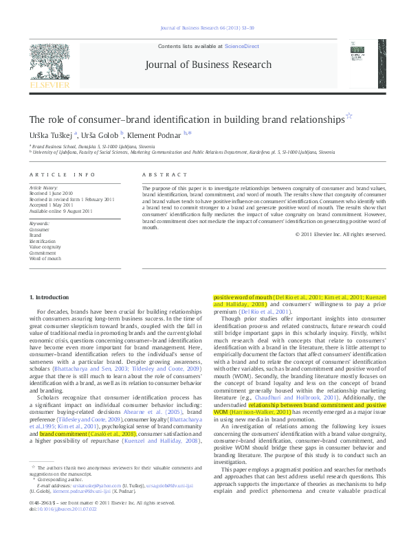 (PDF) The role of consumer–brand identification in building brand ...