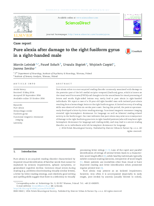 (PDF) Pure alexia after damage to the right fusiform gyrus in a right ...