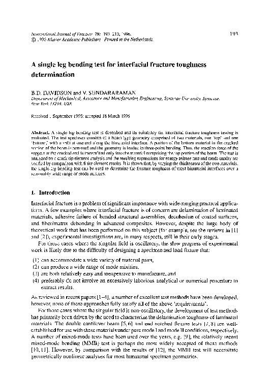 (PDF) A single leg bending test for interfacial fracture toughness ...