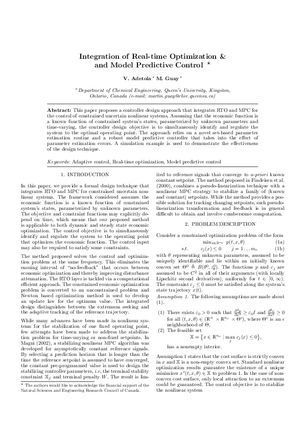 Pdf Integration Of Real Time Optimization And Model Predictive Control