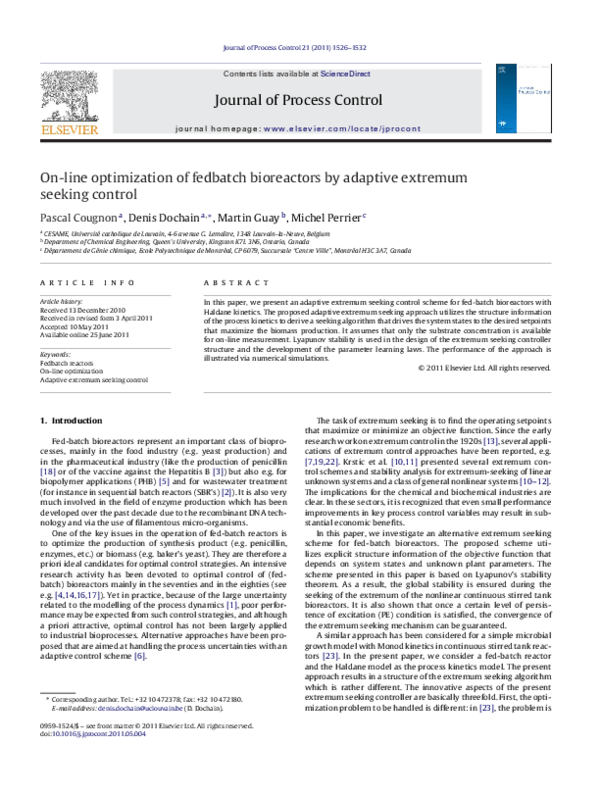 (PDF) On-line optimization of fedbatch bioreactors by adaptive extremum seeking control
