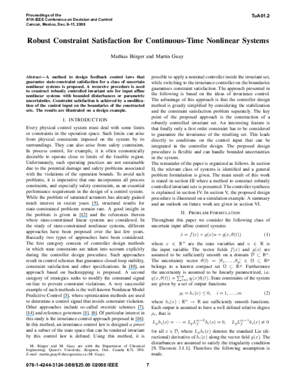 Pdf Robust Constraint Satisfaction For Continuous Time Nonlinear Systems