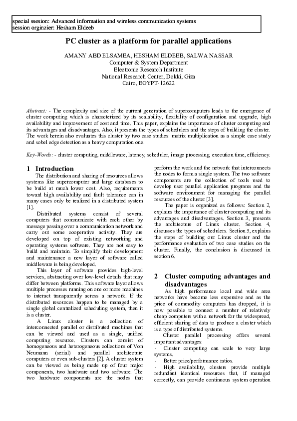 (PDF) PC cluster as a platform for parallel applications