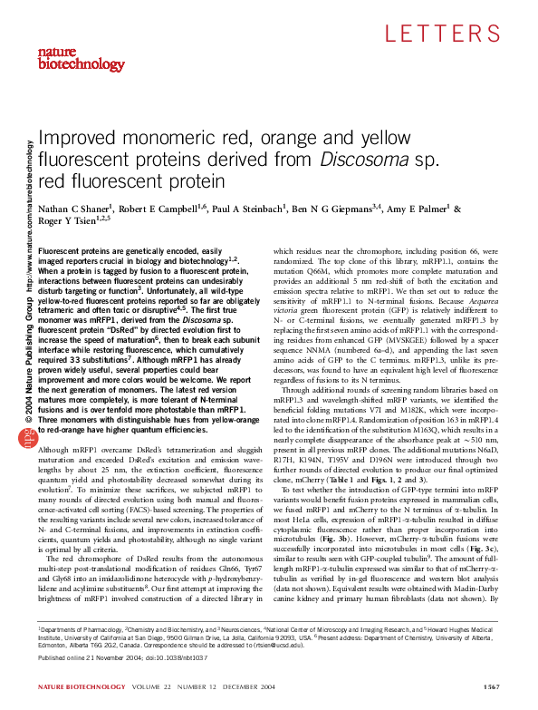 (PDF) Improved monomeric red, orange and yellow fluorescent proteins ...