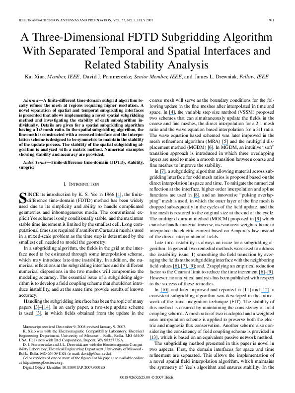Pdf A Three Dimensional Fdtd Subgridding Algorithm With Separated Temporal And Spatial