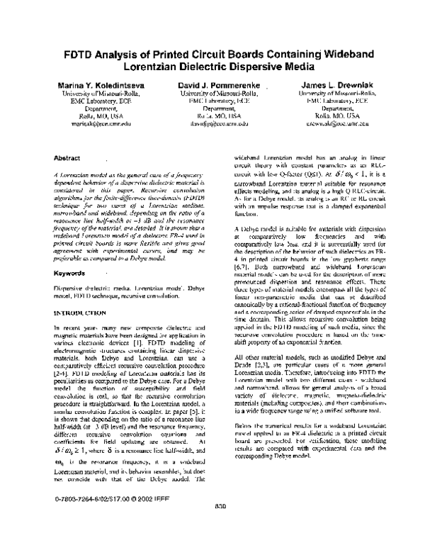 (PDF) FDTD analysis of printed circuit boards containing wideband Lorentzian dielectric ...