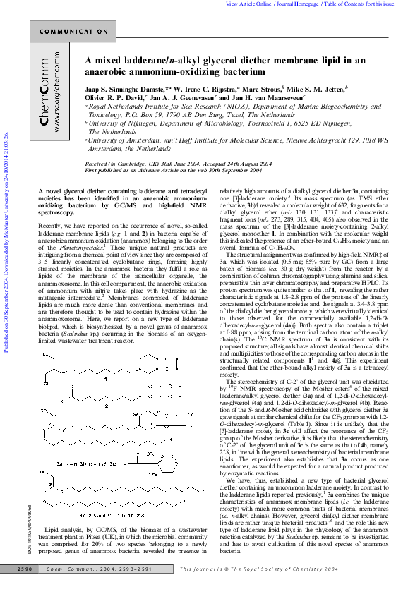 (PDF) A mixed ladderane/n-alkyl glycerol diether membrane lipid in an ...