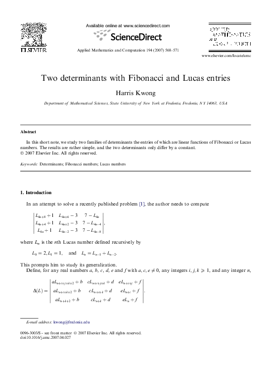 Pdf Two Determinants With Fibonacci And Lucas Entries