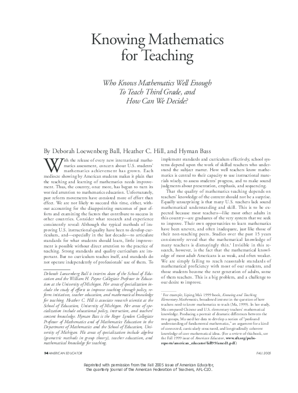 (PDF) Knowing Mathematics for Teaching Who Knows Mathematics Well ...