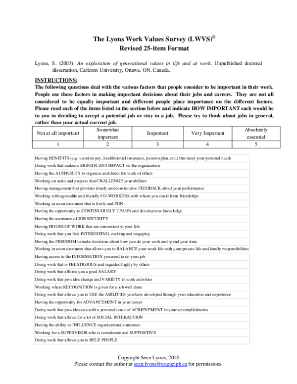 (PDF) The Lyons Work Values Survey 25-item format
