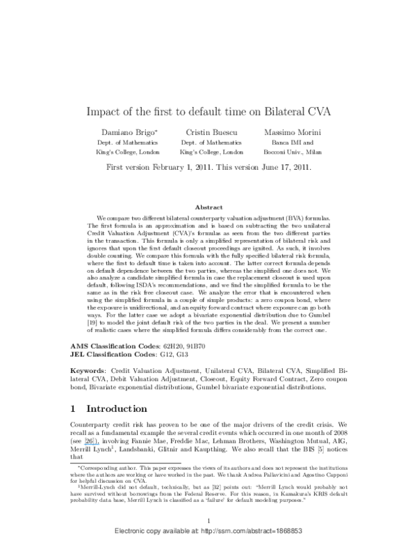 (PDF) Impact of the First to Default Time on Bilateral CVA