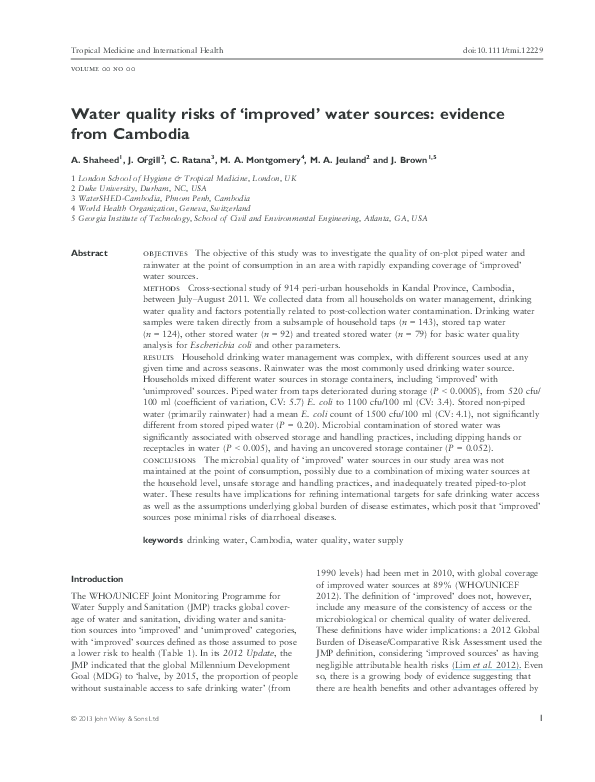 (PDF) Water quality risks of ‘improved’ water sources: evidence from ...