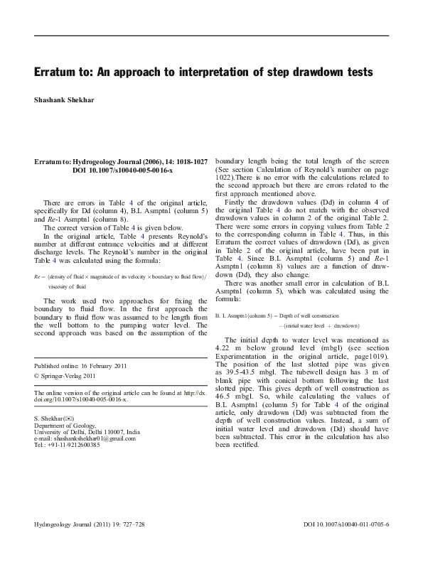 (PDF) Erratum to: An approach to interpretation of step drawdown tests