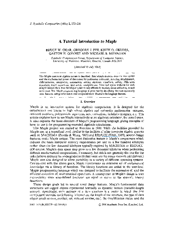 (PDF) A tutorial introduction to Maple