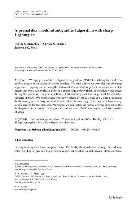 Pdf A Primal Dual Modified Subgradient Algorithm With Sharp Lagrangian Regina Burachik