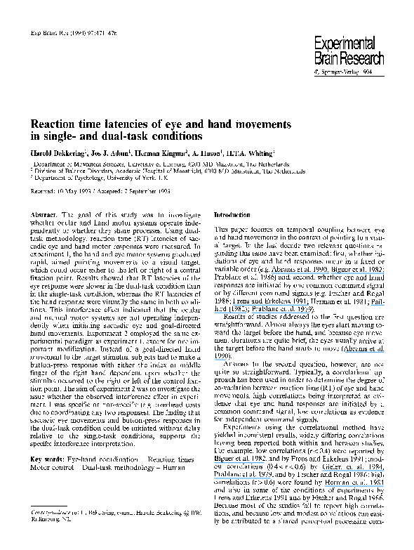 (PDF) Reaction time latencies of eye and hand movements in single-and dual-task conditions