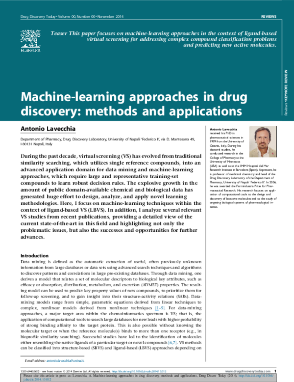 (PDF) Machine-learning approaches in drug discovery: methods and applications