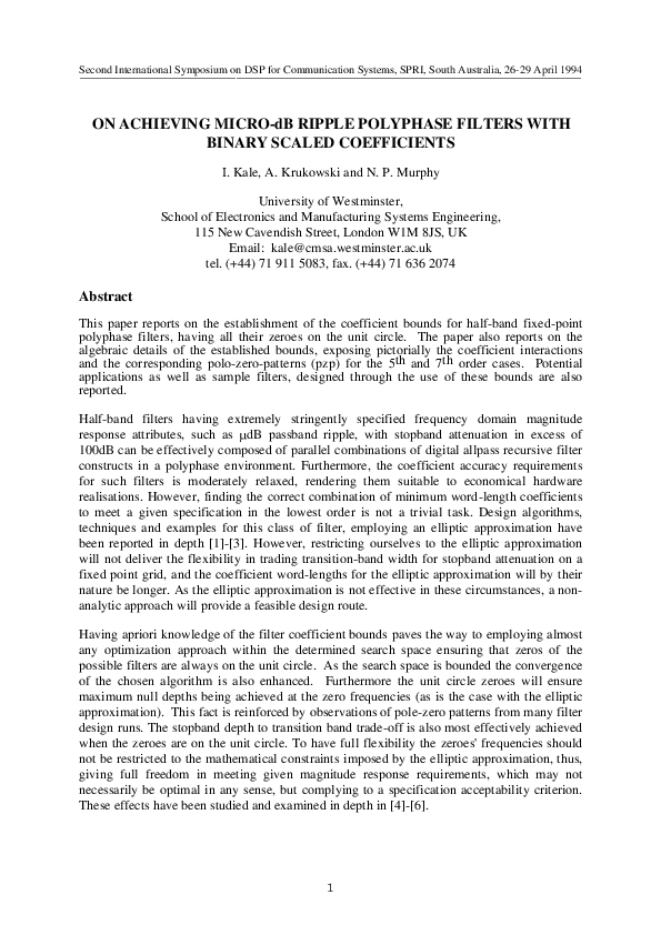 (PDF) On Achieving Micro-dB Ripple Polyphase Filters with Binary Scaled Coefficients | Artur ...